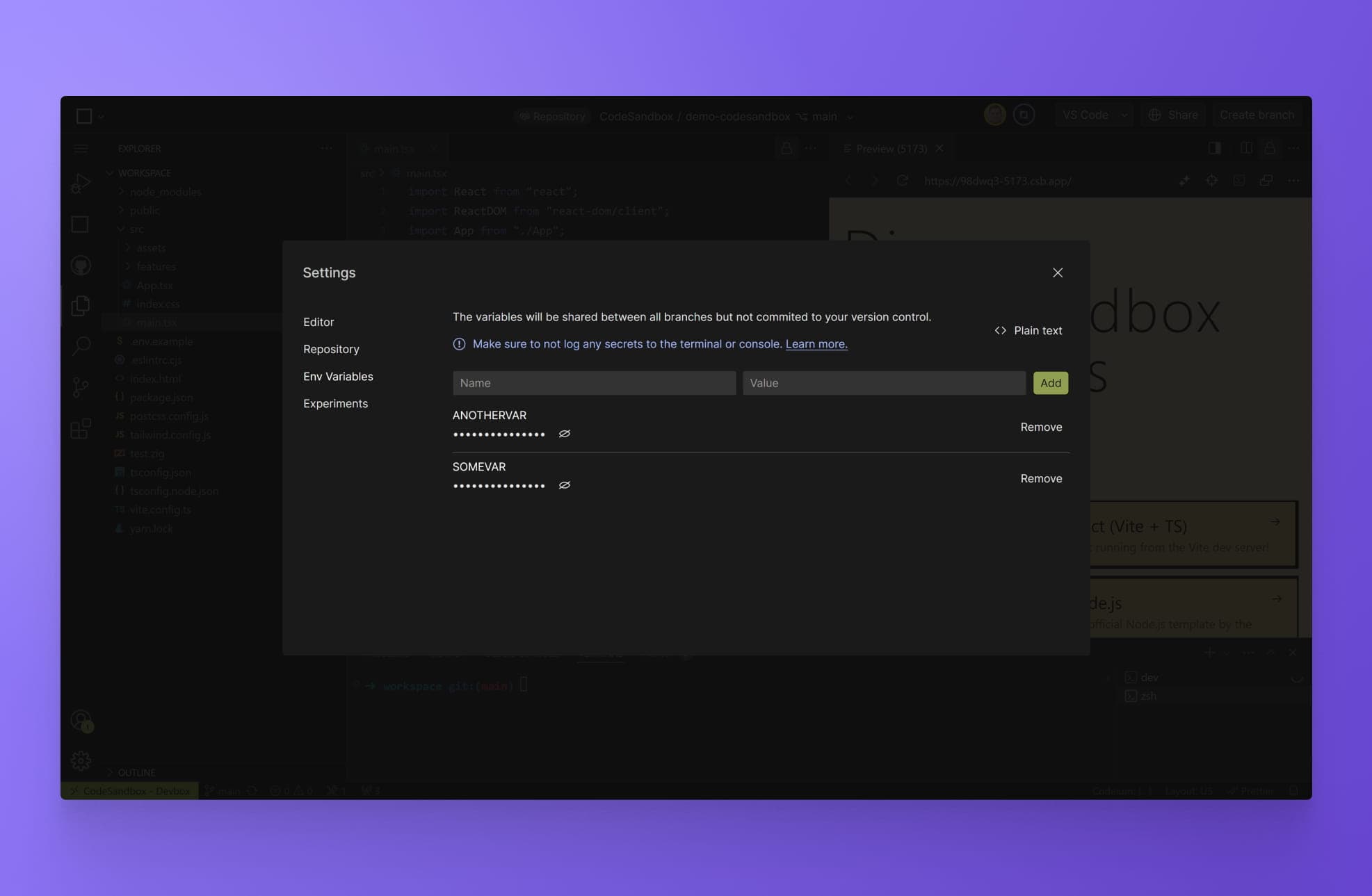 Environment variables and secrets – CodeSandbox