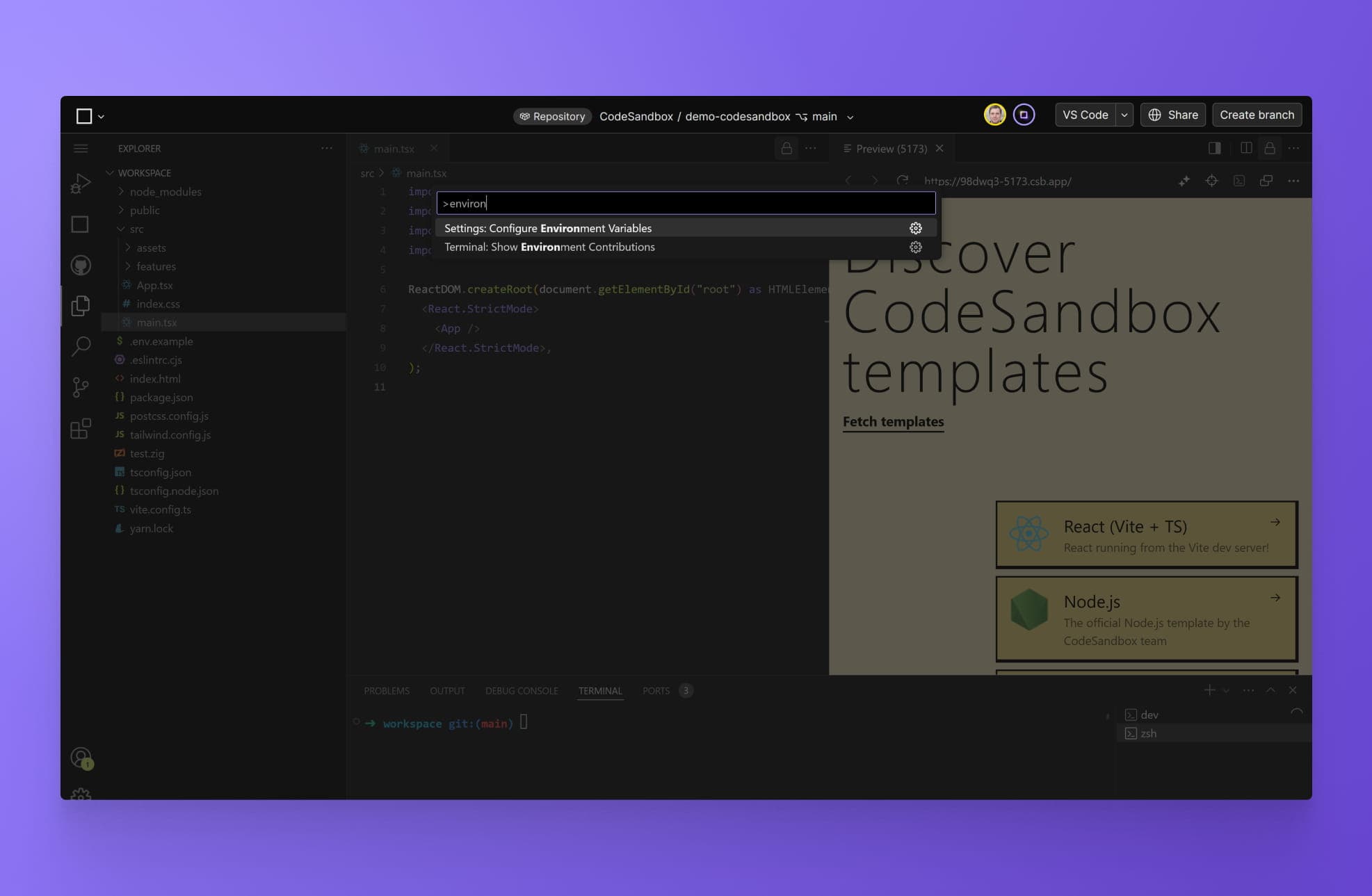 Environment variables and secrets – CodeSandbox