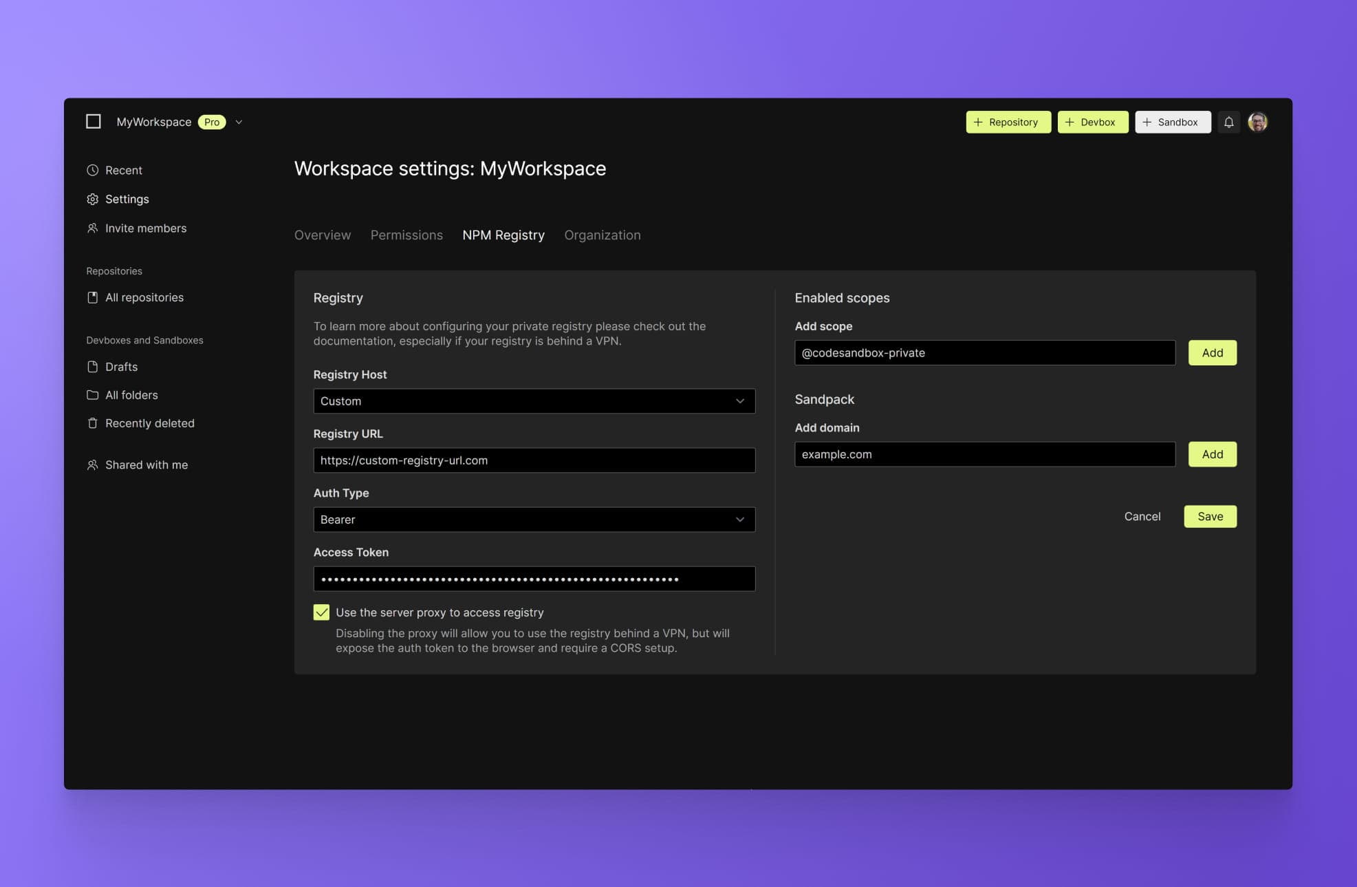 Custom NPM Registry – CodeSandbox